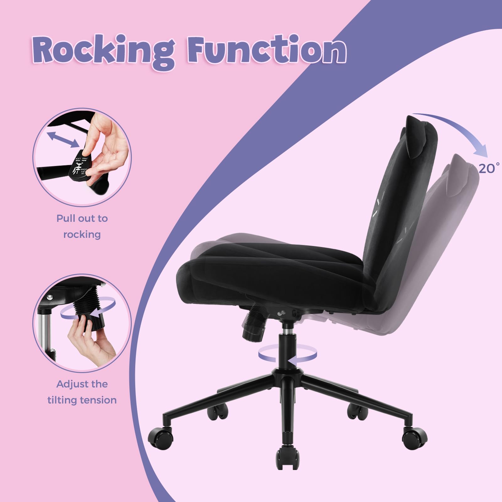 IWMH Armless Office Desk Chair with Wheels,Ergonomic Criss Cross Legged Computer Chair with Fabric Padded, Height Adjustable Wide Seat Vanity Chair,Mid Back Task Chair for Home, Bedroom (Black)