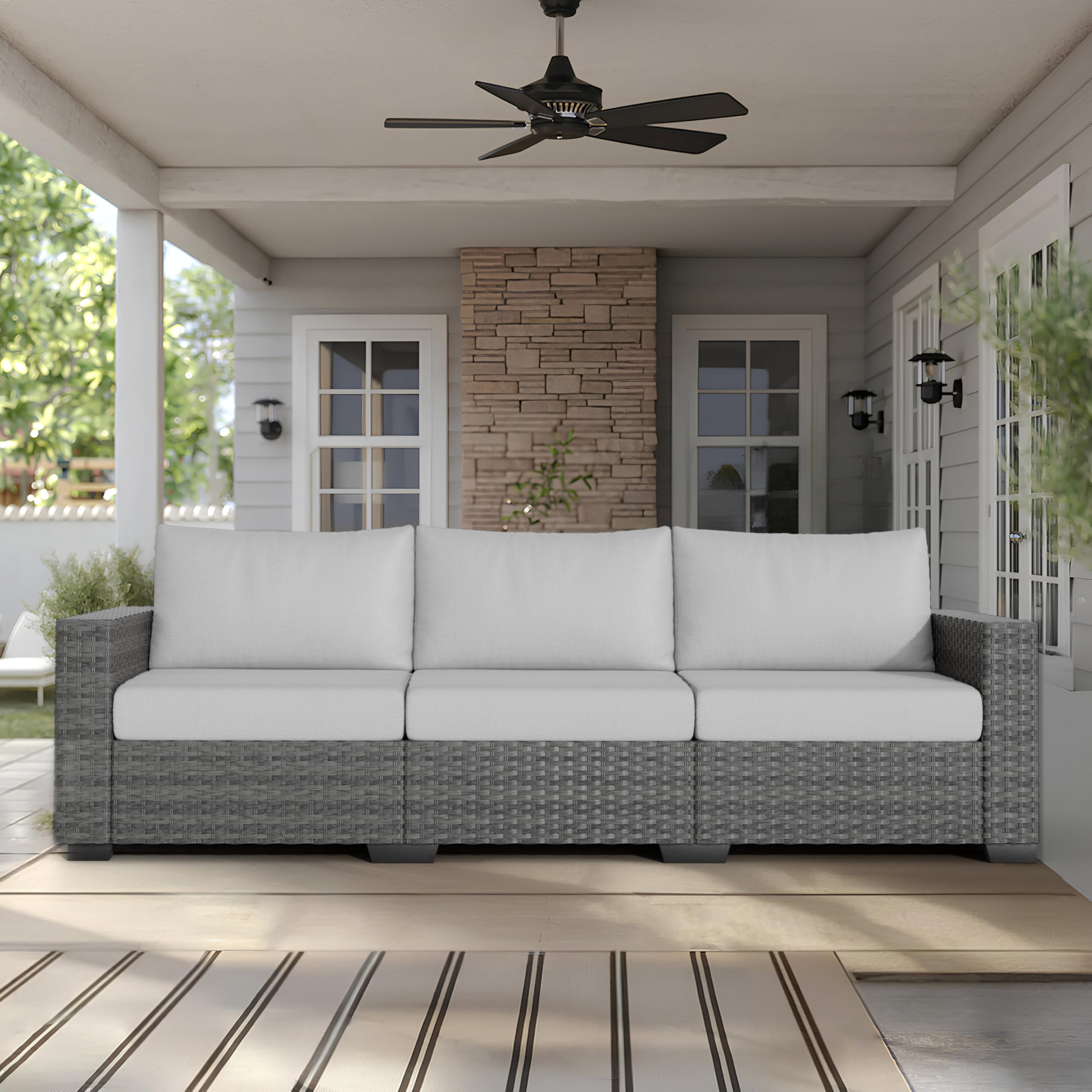 ABCASA Wicker Patio Sofa, 3 Seats Extra Large Outdoor Couch with Comfortable 4.72'' Thick Cushions,Deep Seat Patio Sofas Set for Porch, Deck, Backyard, Sunroom, Garden,Grey