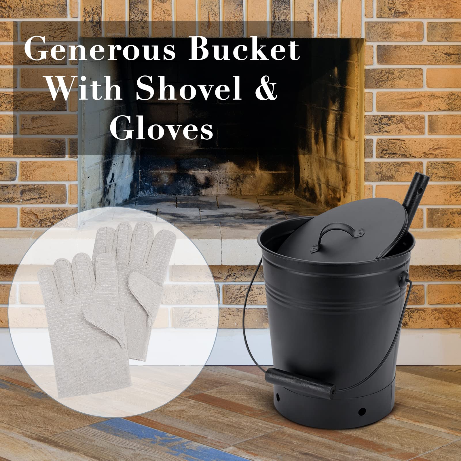 Ash Bucket with Lid and Coal Shovel, Fireplace Metal Bucket, Charcoal Bucket, Ash Can, Galvanized Iron Ash Bucket for Hearth, Fire Pit, Wood Burning Stove, Grill, Black