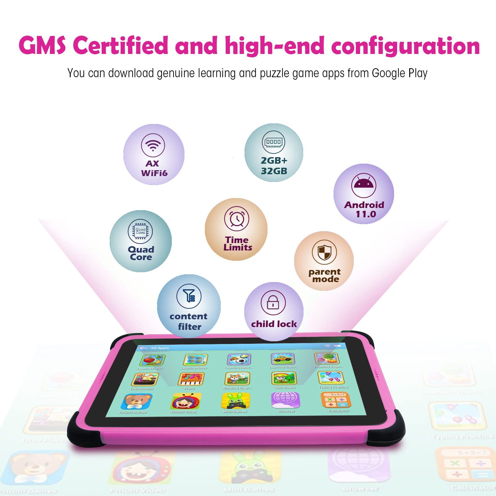 8 inch Kids Tablet Android Tablets for Kids,AX WiFi 6,1280x800 IPS HD Display,2GB RAM 32GB ROM TF 256GB Toddlers Tablet with Parental Control,5+8MP Camera,WiFi,with Kids-Tablet Case and Stand (Pink)