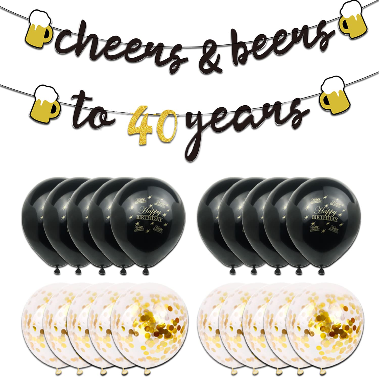 40th Birthday Decorations for Men, 40 Birthday Decorations with 40 Inch Gold 40 Number Balloons, Cheers to 40 Years Banner,Fringe Curtains and Cups Foil Balloons
