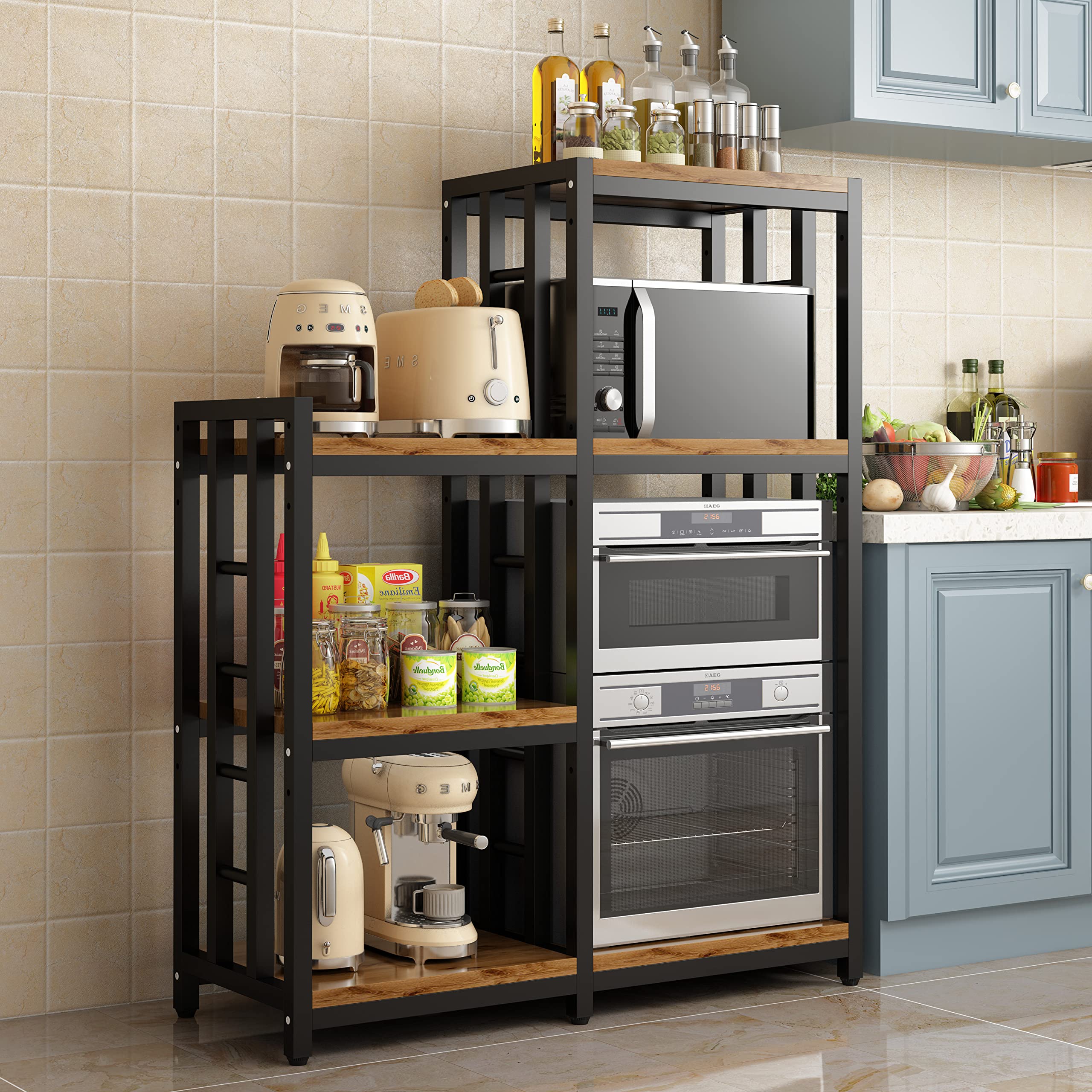 Abao panda Kitchen Bakers Rack, 4-Tier+3-Tier Workstation Organizer Shelf, Free Standing Kitchen Utility Cart Storage Shelf Organizer Utility Microwave Stands Storage for Spice(Rustic Brown)