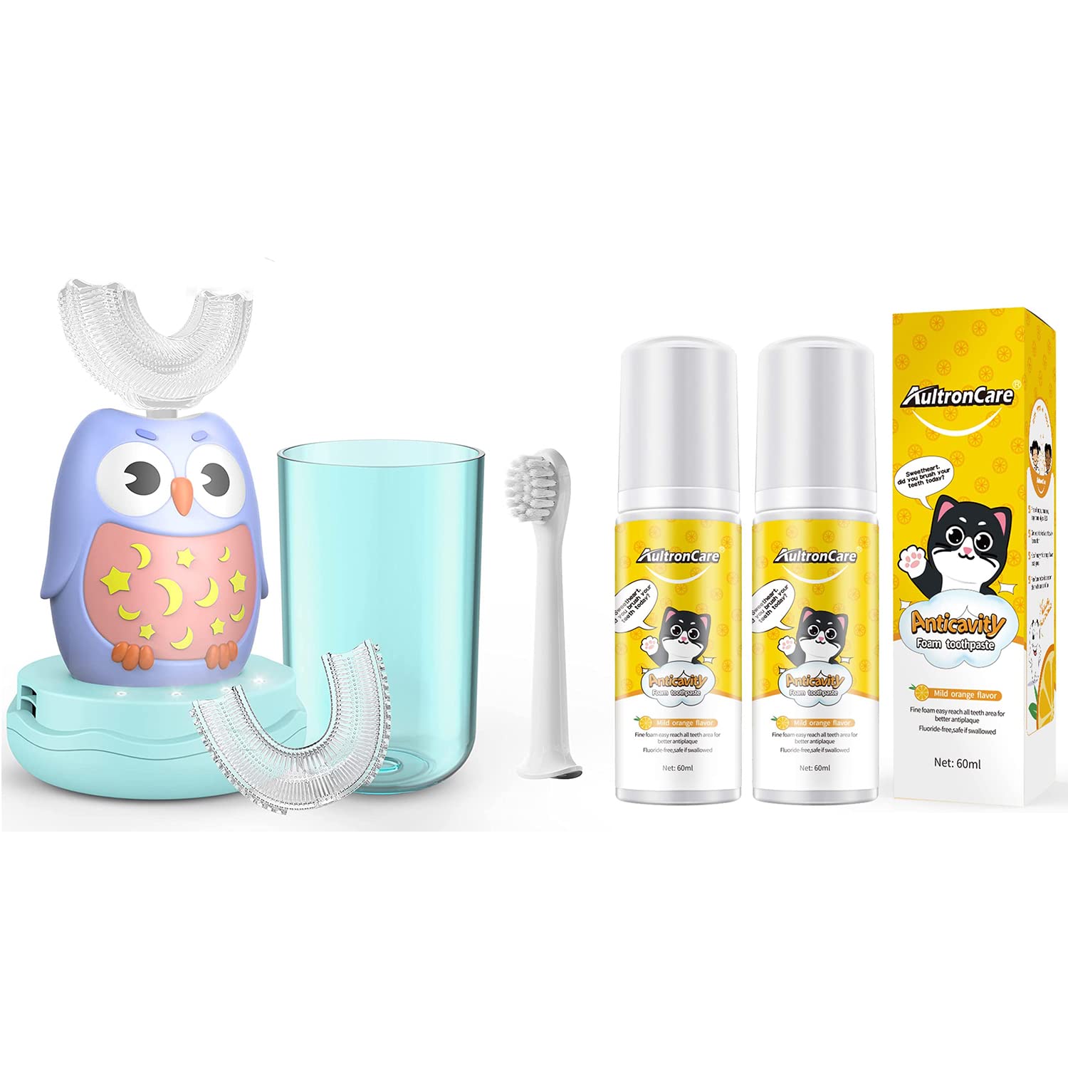 AUITRONCARE 2Pack Kids Toothbrush Electric and Foam Toothpaste Kids,Toddler Electric Toothbrush Ultrasonic Toothbrush with 3 Brushing Heads and Cup