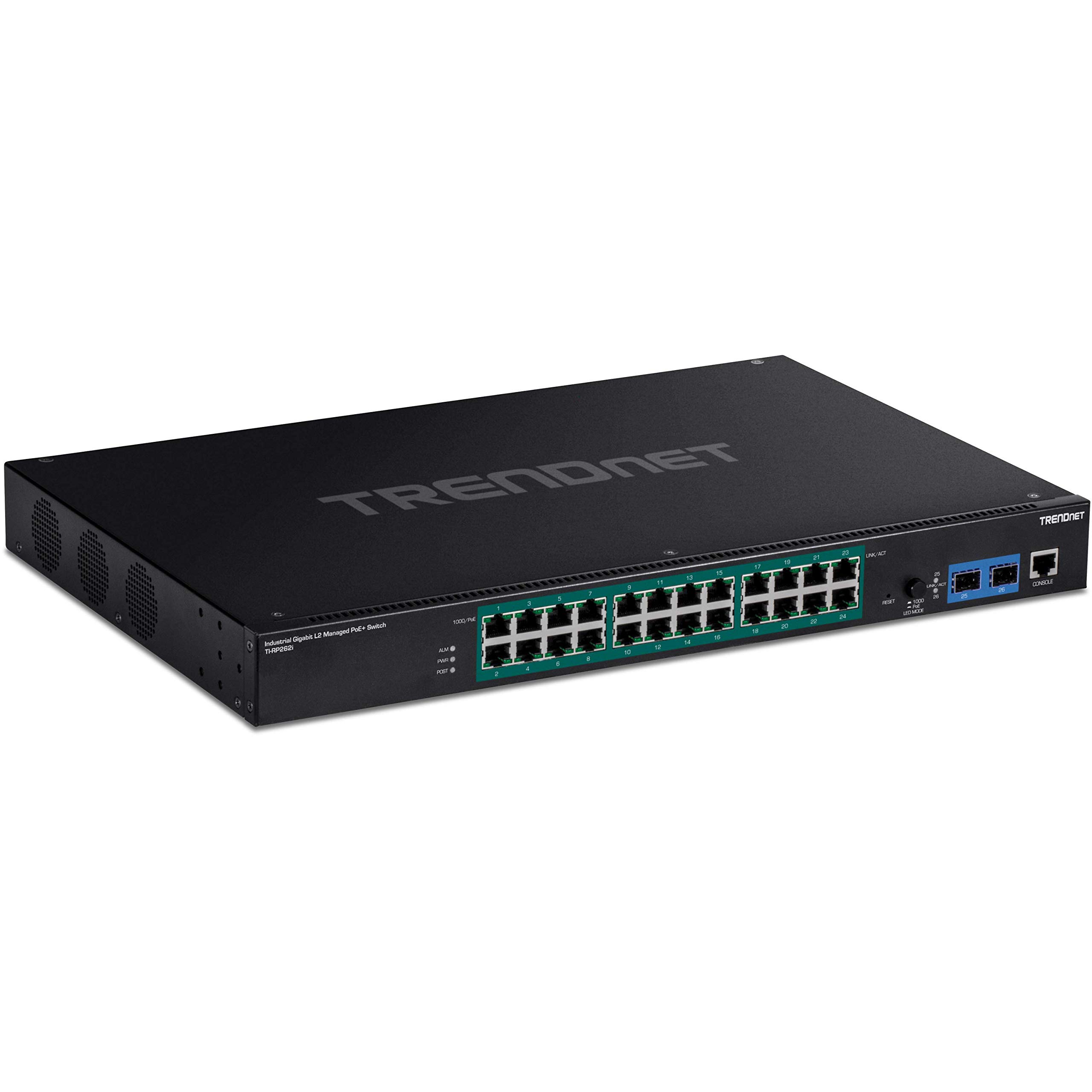 TRENDnet 26-Port Industrial Gigabit L2 Managed PoE+ Switch, TI-RP262i, 1U 19” Rackmount, 24 x Gigabit PoE+ Ports, 2 x SFP Slots (100/1000Base-FX), IP30, VLAN, QoS, 685W PoE Power Budget, Fanless