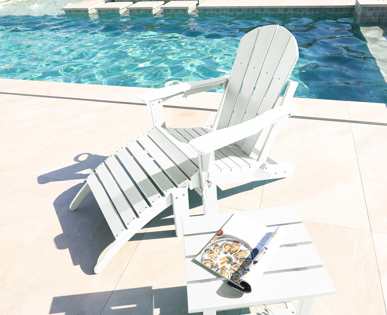 ABCPATIO Folding Adirondack Chair with Footrest - Outdoor Weather Resistant Plastic Adirondack Chairs with Detachable Ottoman, Stackable Seating with Cup Holder for Patio (Seat Width 21.6",White)