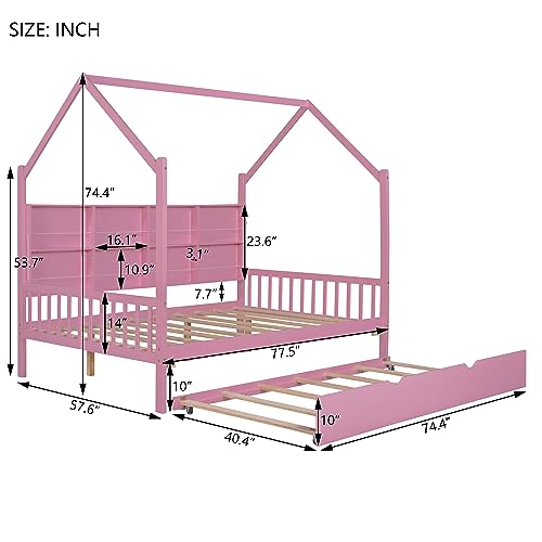 BIADNBZ Full Size House Platform Bed with Trundle and Storage Shelves, Wooden Daybed with Roof, Sofabed Frame for Kids/Teens Bedroom, Pink