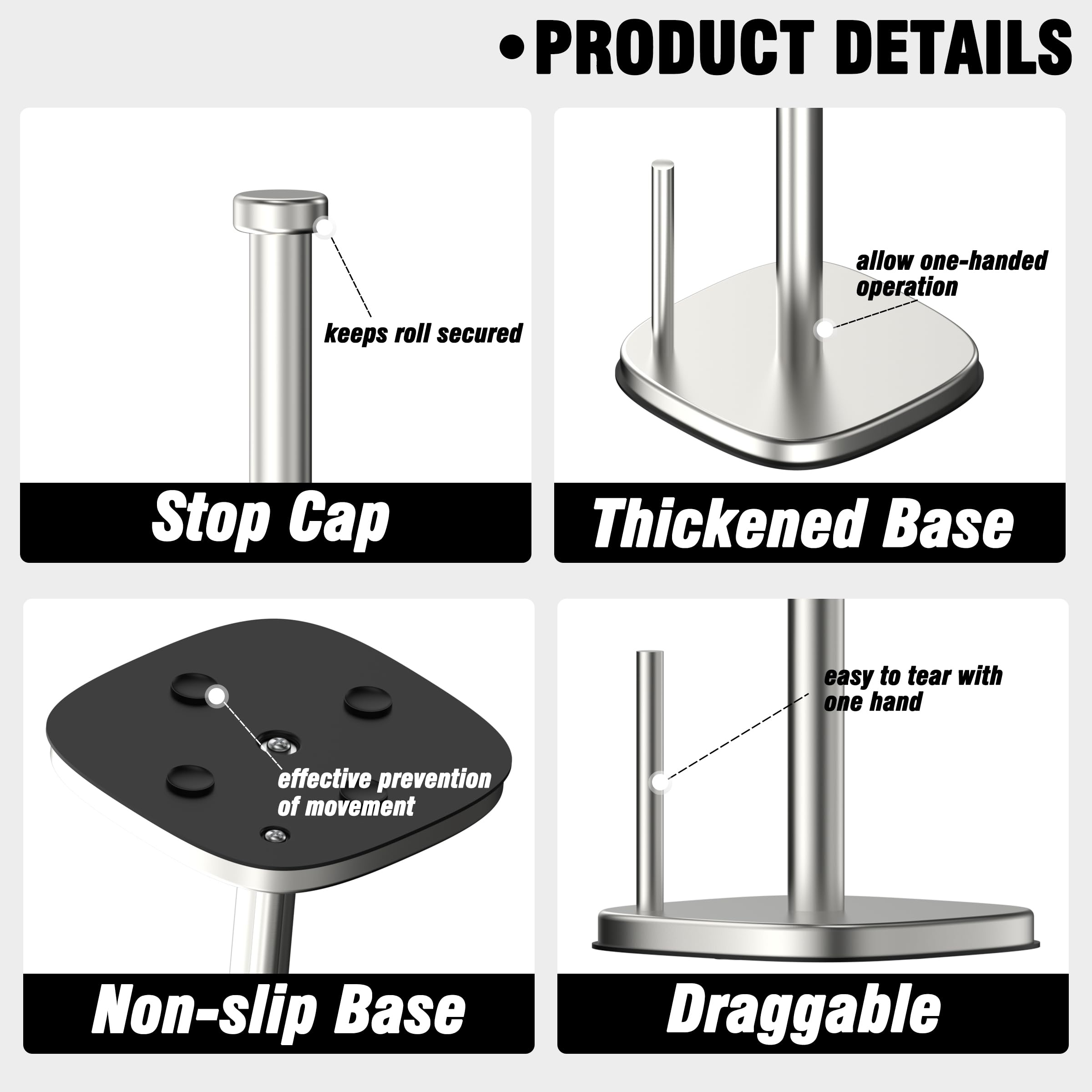 MIROAMZ Paper Towel Holder Countertop, Standing Paper Towel Roll Holder for Kitchen Bathroom Organize, Stand with Weighted Base Suction Cups, Stainless Steel One-Handed Operation (Brushed Nickel)