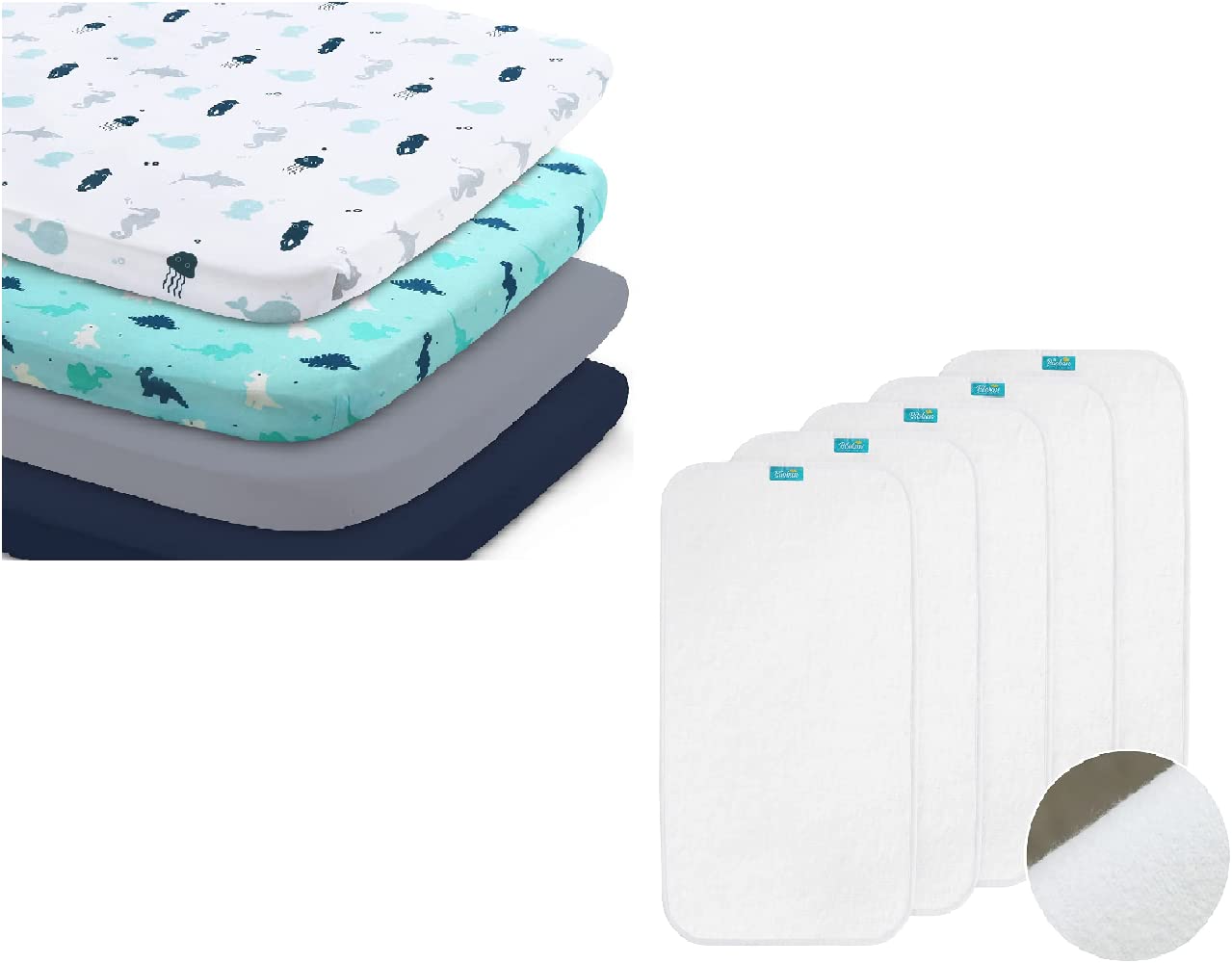 5 Count Changing Pad Liner, Larger Changing Pad Cover 28" X 15", Cotton Flannel, Absorbent & Skin-Friendly (Solid Improved Thickness)/ Bassinet Sheet 4 Pack for Baby Boys