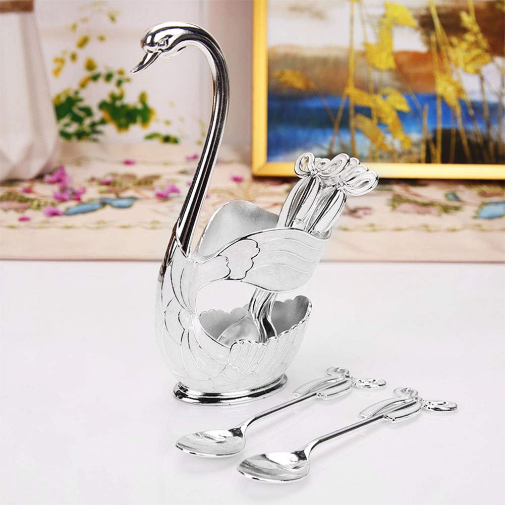 Watris Veiyi Coffee Spoons Set, Dessert Spoons Set, 6PCS Tea Spoons with Swan Base Holder, Metal Coffee Spoon Organizer, Stainless Steel Small Spoons for Coffee Cake Dessert Ice Cream Tea(Silver)