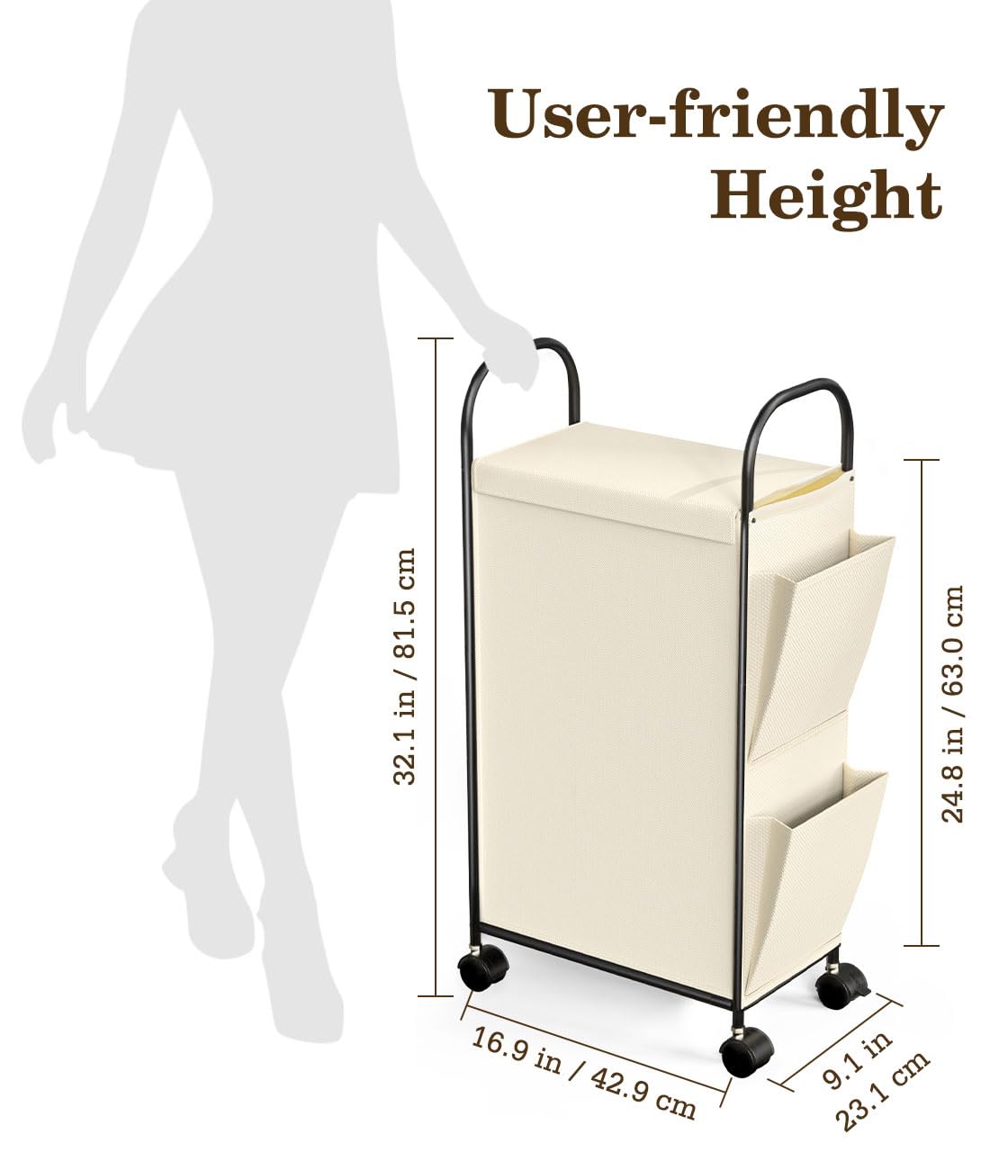 Luxspire 75L Slim Laundry Hamper with Wheels, Rolling Laundry Basket with Lid, Removable Clothes Hamper with Metal Frame, Narrow Laundry Hamper for Dorm, Bedroom, Nursery, Closet, Small, Beige