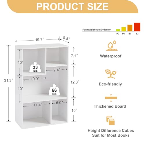 VECELO 31 Inch High Modern Kids Bookcase, 3-Tier Wide Bookshelves, 5 Cube Storage Organizer with Anti-tip Kit, Different Height Open Storage Fits Tallest Hardcovers, Easy to Install,White