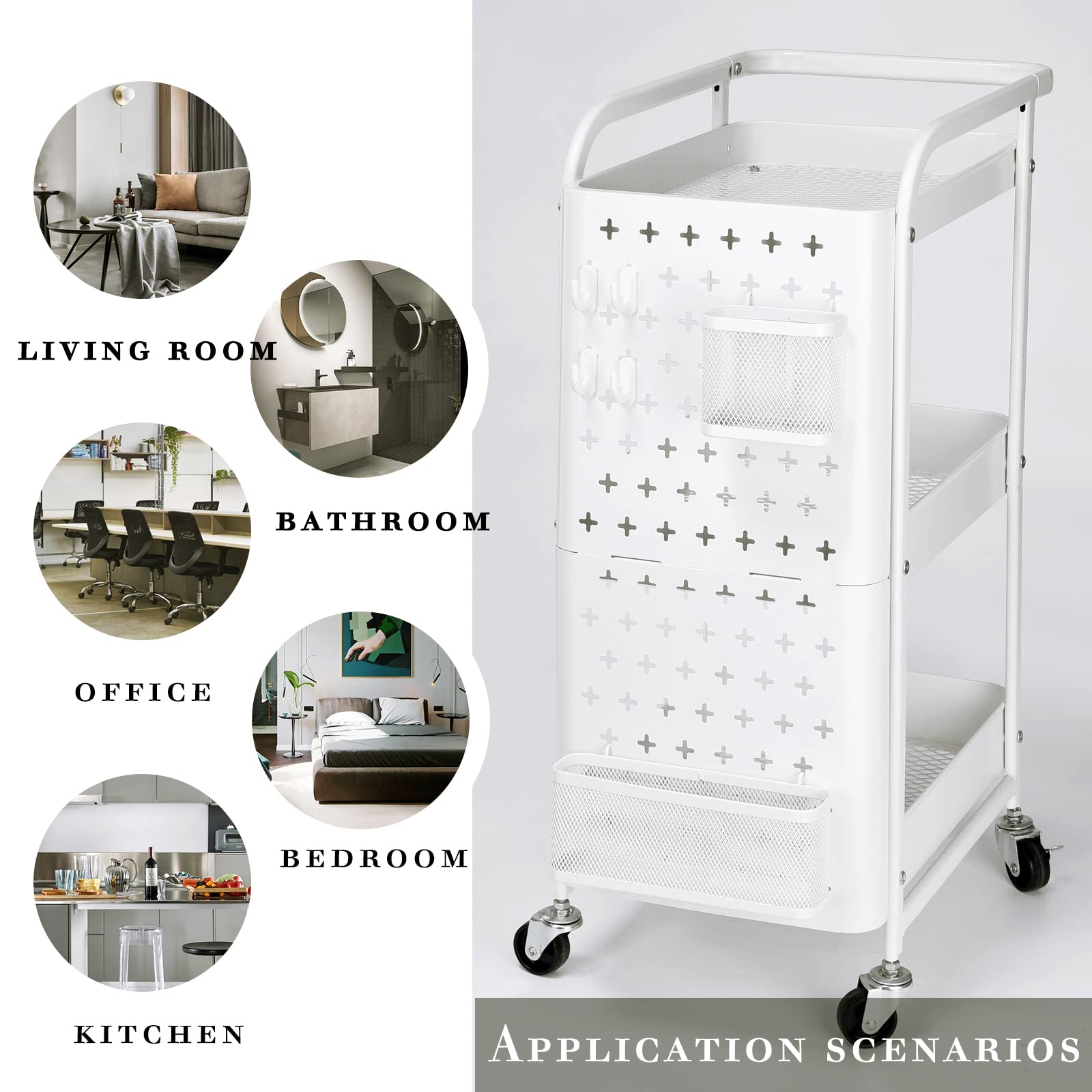 3-Tier Rolling Cart,Metal Utility Cart with Pegboard,Rolling Storage Carts with Wheels for Kitchen Living Room Office by Dailyart