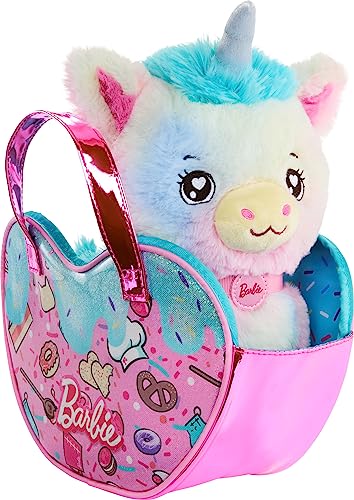 Barbie Stuffed Animals, Unicorn Toys, Plush Unicorn with Dessert-Themed Purse Playset and 5 Accessories, Chef Pet Adventure
