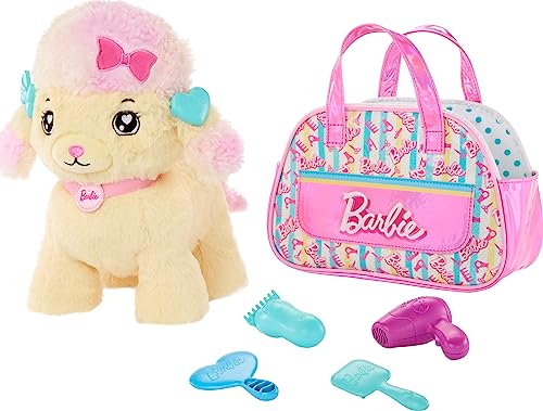 Barbie Stuffed Animals, Hairdresser Poodle with Themed Purse Playset and 6 Accessories, Plush with Lights and Sounds, Salon Pet Adventure