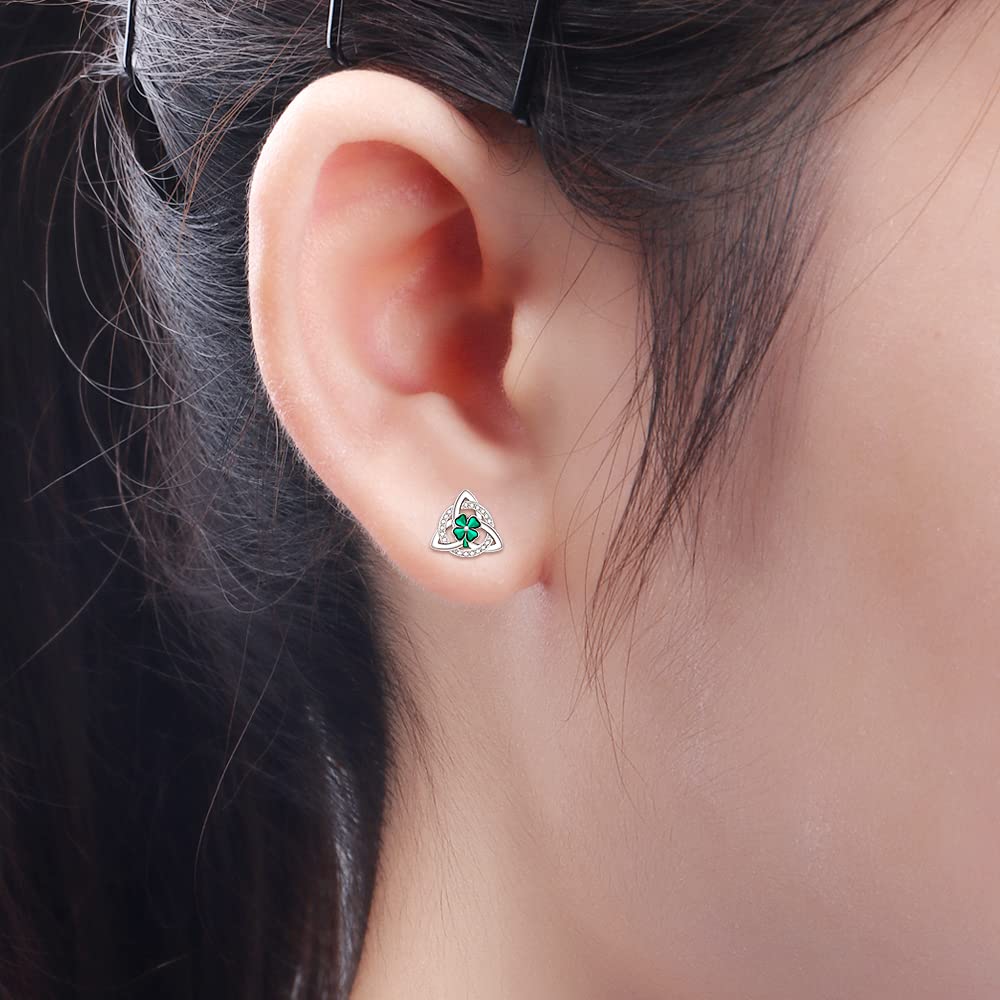 Celtic Knot Green Shamrock Earrings for Women Studs Four Leaf Clover St Patricks Day Earrings Triangle Jewelry Birthday Irish Birthday Gifts Sterling Silver