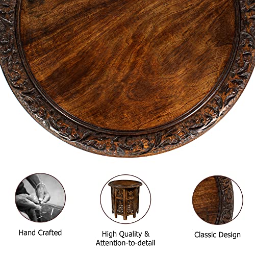 COTTON CRAFT Solid Wood Accent End Table - Hand Carved Vintage Boho Folding Side Table - Small Spaces Entryway Farmhouse Living Room Bedside - No Tools Assembly -18x18 Round - Jaipur Antique Brown