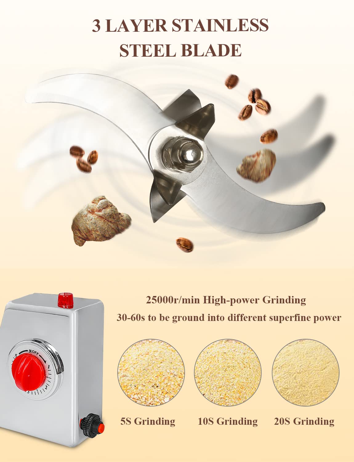750g Electric Grain Dry Grinder Commercial Swing Type Dry Mill Machine, Stainless Steel 2600W High Speed Pulverizer for Coffee Spice Grindā¦