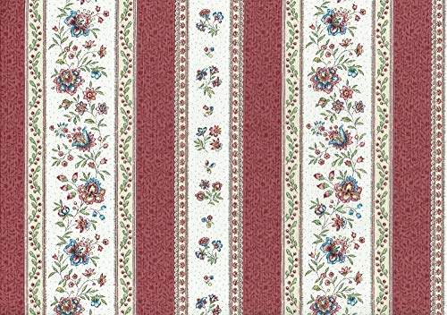 Textiles français Provençal Stripe Floral Fabric GORDES | Antique Red and Ivory - with Rose Pink, Green and Beige - Luxury 100% Cotton Printed Fabric - 63 inches Wide | Per Yard Length Increment