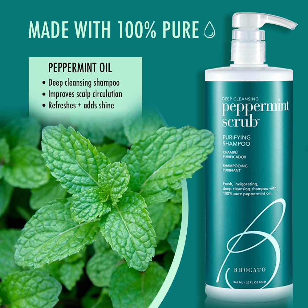 Brocato Peppermint Scrub Purifying Shampoo: Lightweight with Pure Peppermint Oil, Ideal for Oily to Normal Hair Types - Sulfate & Paraben Free, 32oz