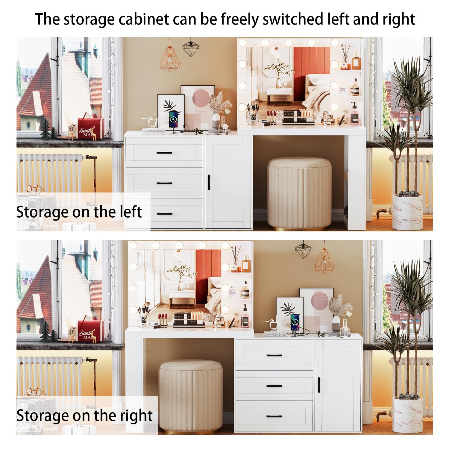 PAKASEPT Vanity Desk with Mirror and Lights, Makeup Vanities with Charging Station, White Vanity with 3 Color Lighting, Drawers, Hidden and Open Shelves, Girls Dressing Table for Bedroom