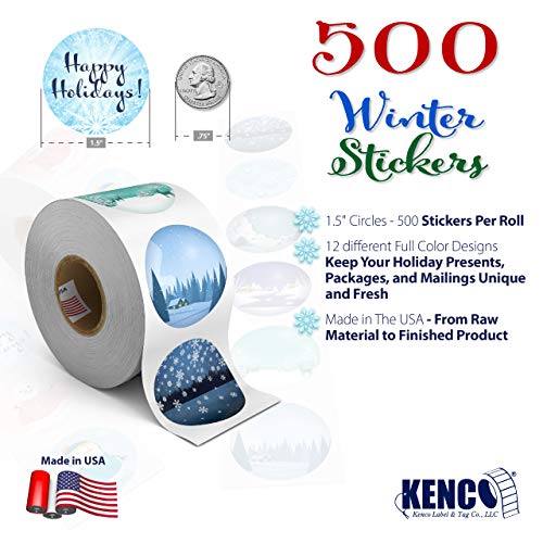 Winter Holiday Christmas Stickers, 1.5" Circle Seals, 500 Labels for Packaging, Presents, and Envelope Mailing. Made in The USA! (Snow Theme, 1 ROLL)