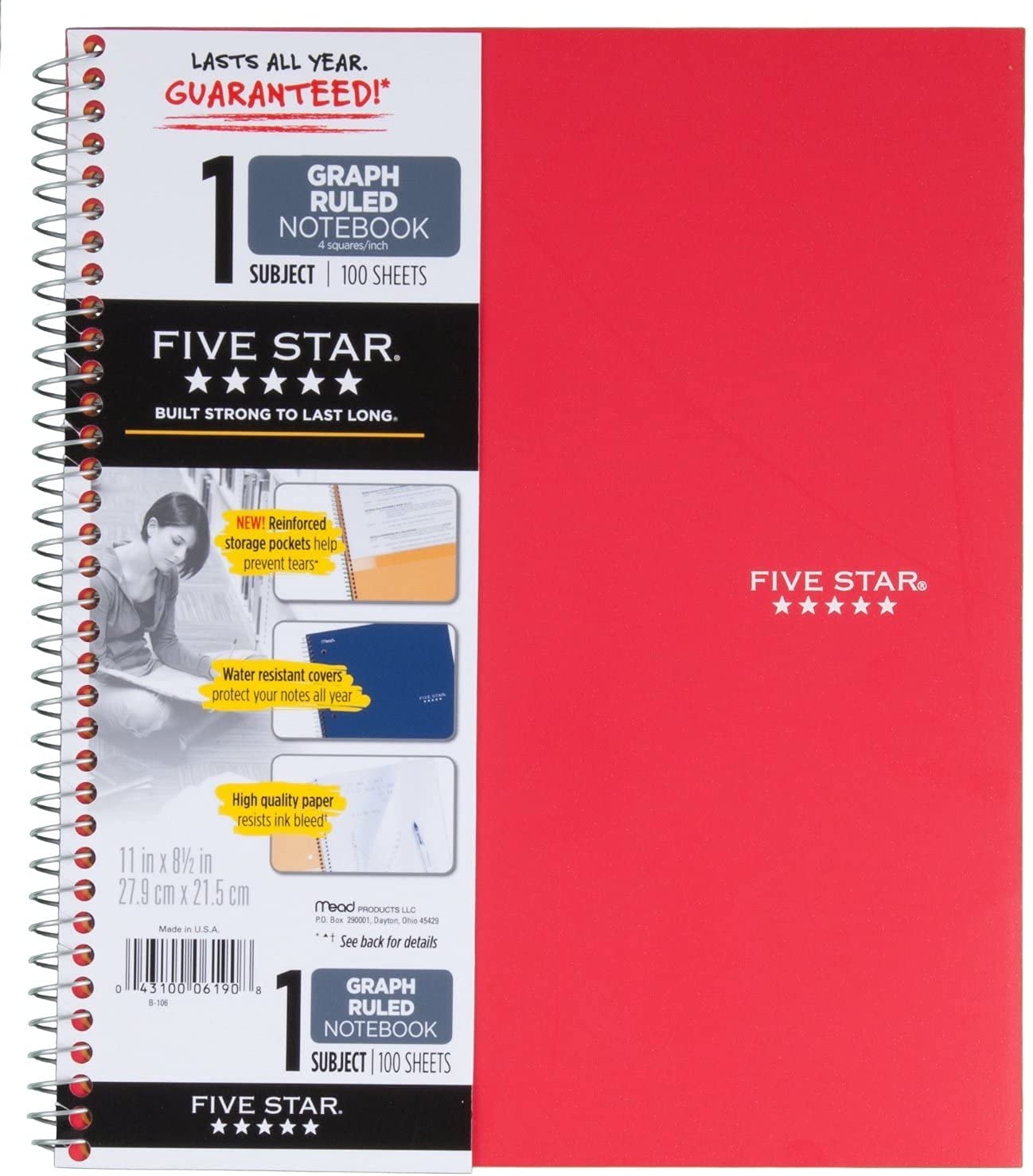 Five Star Spiral Notebook, Graph Ruled, 1 Subject, 8.5 x 11 Inches, 100 Sheets, Assorted Colors (06190), Pack Of 6