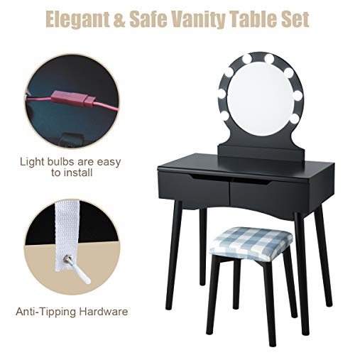 AUGESTER Vanity Set with 8 Lighted Bulbs Mirror, Makeup Dressing Table w/Replaceable and Adjustable Lights Cushioned Stool & 2 Sliding Drawers, Compact Makeup Table Chair for Bedroom (Black)