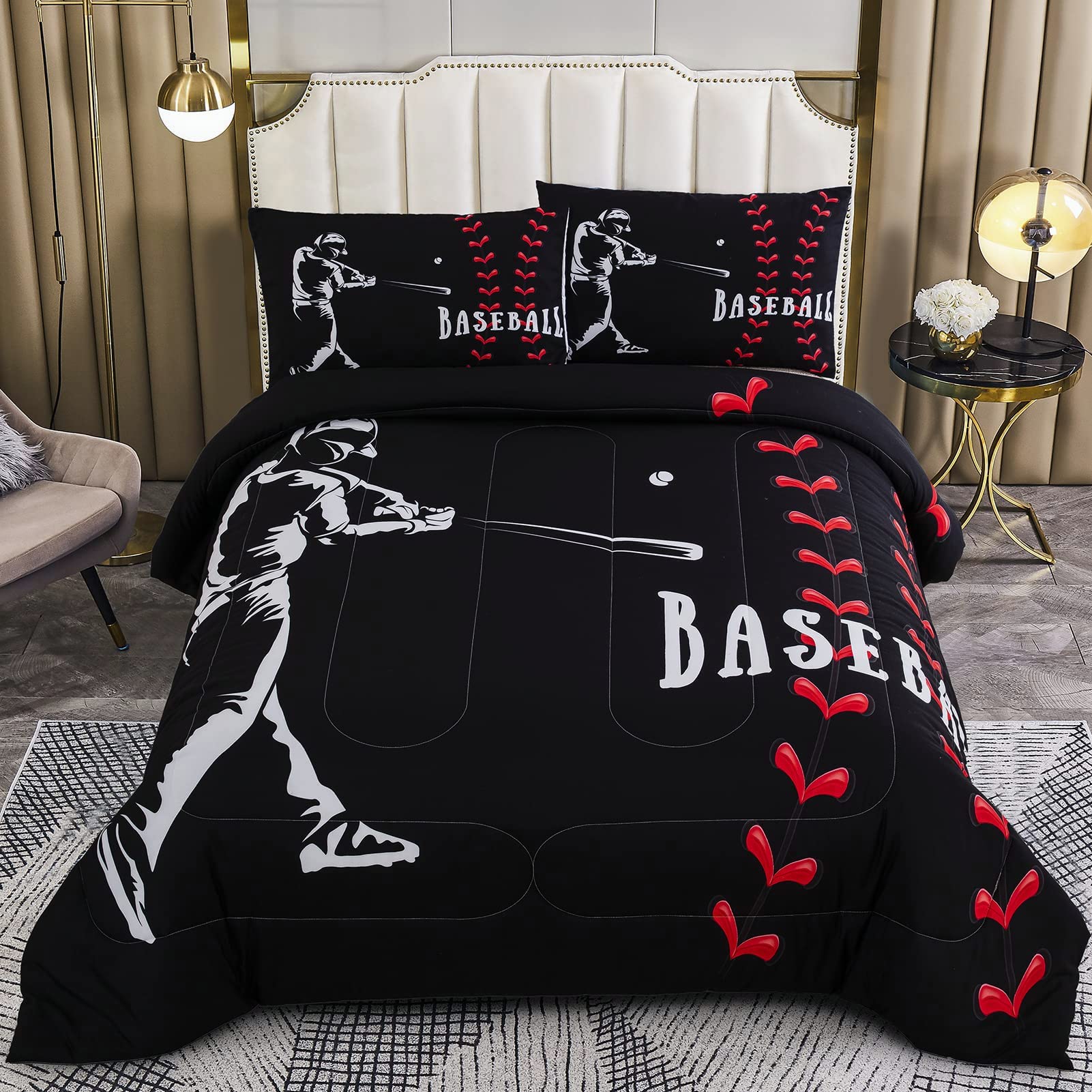 MWMWMW Boys Queen Comforter Set, Sports Theme Baseball Bedding Set for Kids Girls Teens, 3 PCs Soft Microfiber Baseball Player Blanket, 1 Comforter with 2 Pillowcases