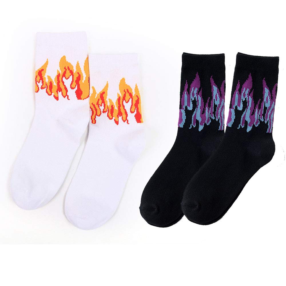 4 Packs Unisex Flame Printed Socks Fashion Hip Hop Skateboard Socks Soft-Breathable Cotton Athletic Sports Socks, Black, Medium