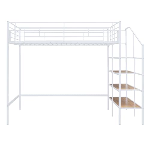 Full Size Loft Bed with Stairs, Metal Loft Bed Frame with Storage Steps, Heavy-Duty High Loft Bed with Grid Shelf for Kids Teens Adults, White