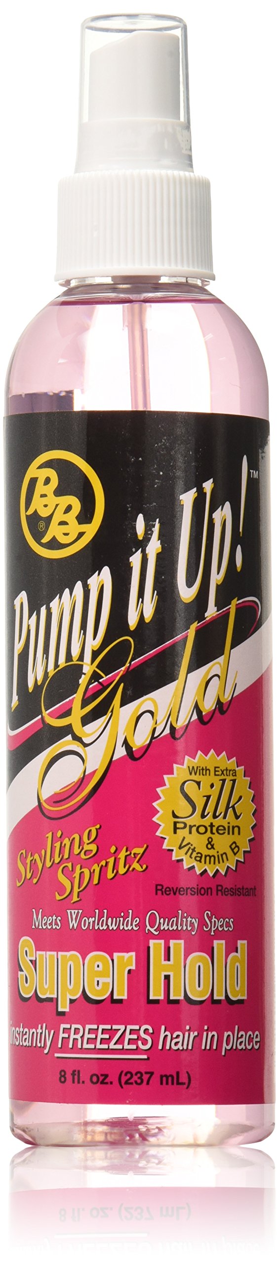 Bronner Brothers Pump It Up Styling Spritz Gold 80% – Fast-Dry Hair Spray Extra Hold with Vitamin B5 & Silk Protein - Maximum Hold Finishing Spritz Hairspray, Adds Shine, Nourishes, No Build-up - 8oz
