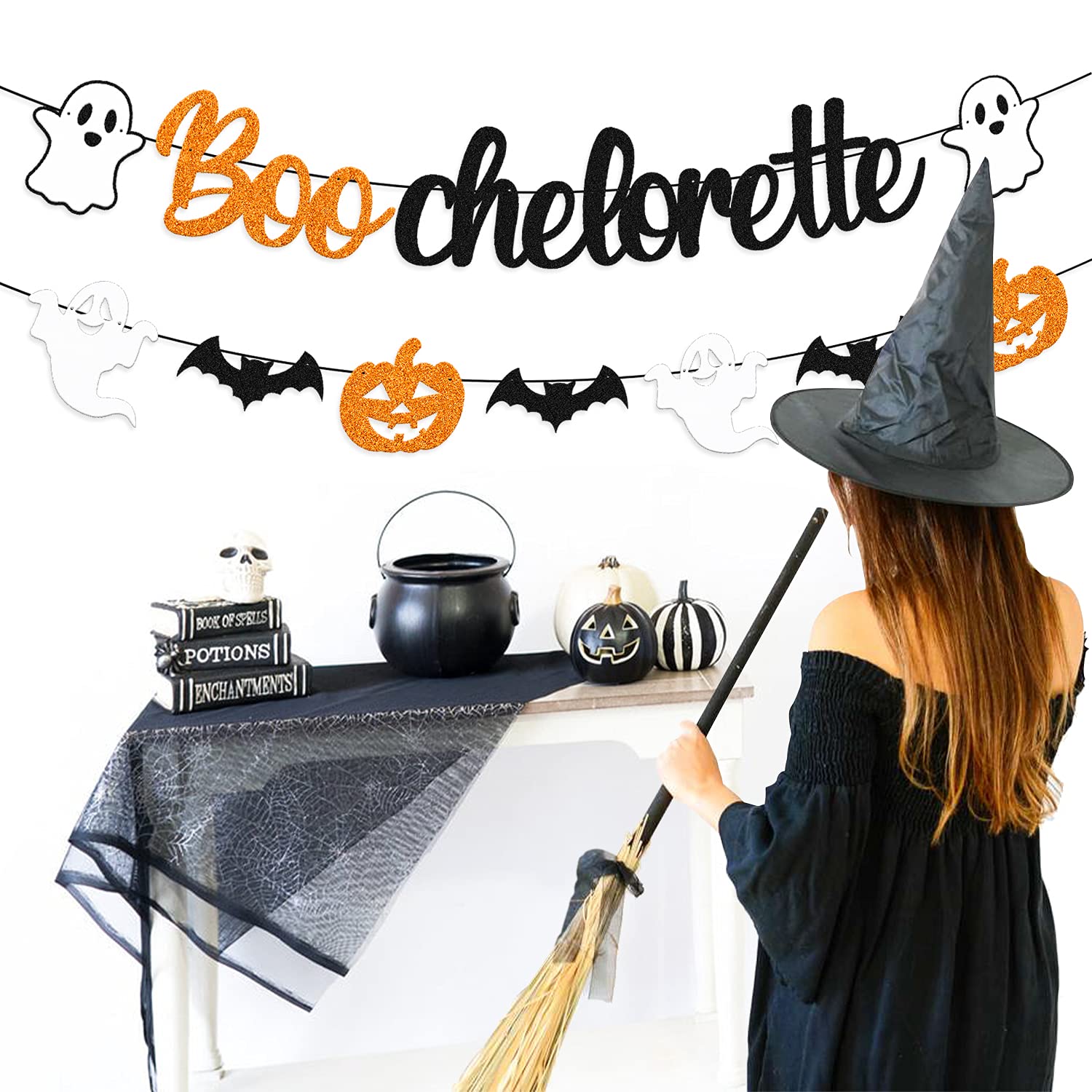 Halloween Boochelorette Banner Ghost Pumpkin Bat Theme for Bachelorette Wedding Bridal Shower Engagement Party Glitter Decorations Supplies