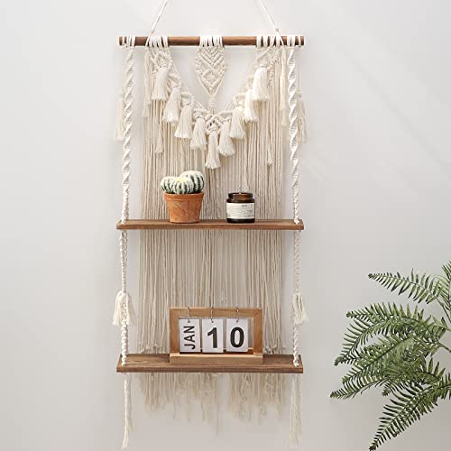 ANROYE 1 TierAND 2 Tier Macrame Boho Wall Hanging Shelf, Handmade Bohemian Wooden Woven Plants Floating Shelves Decor, Mini Chic Rope Crystal Holder Organizer