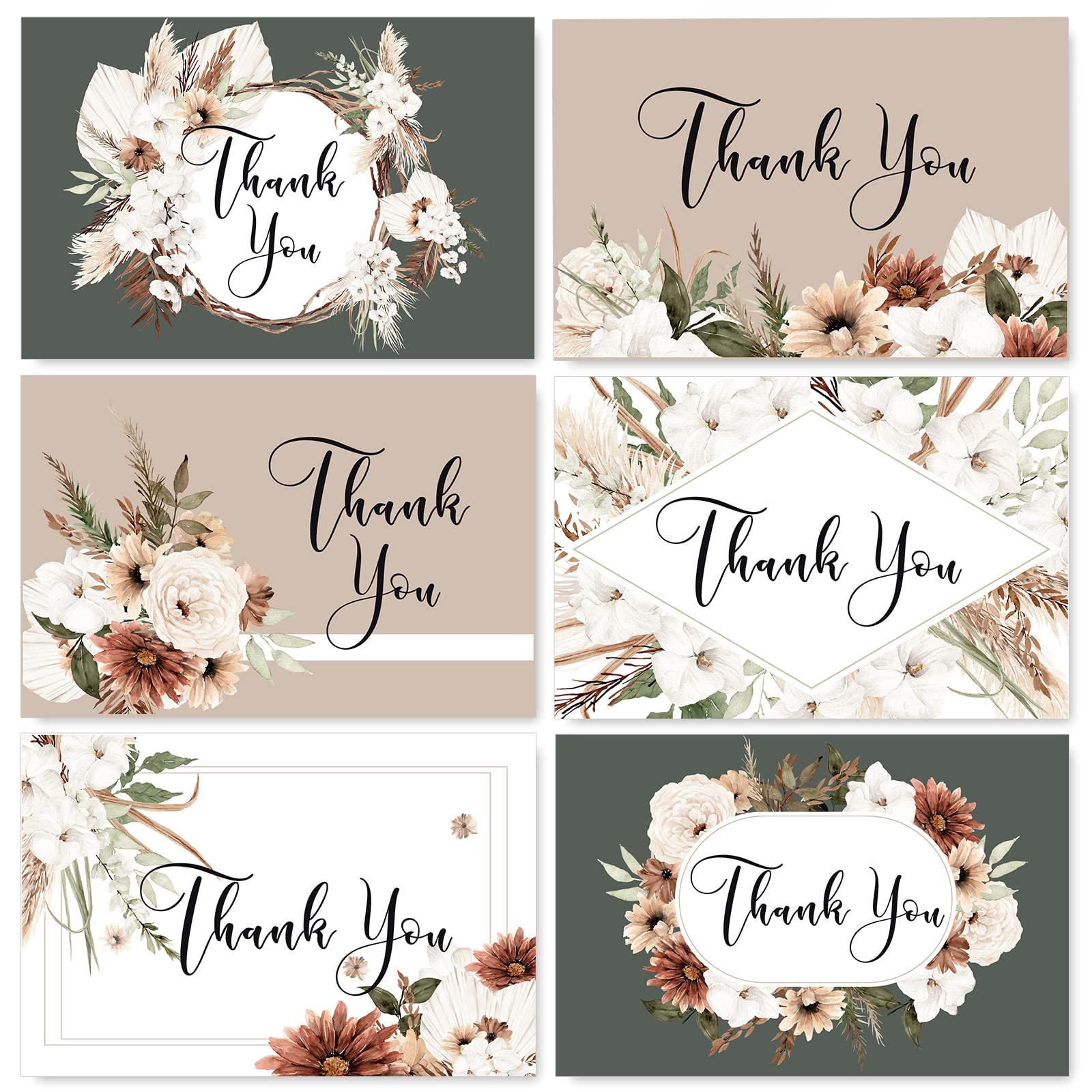AnyDesign Boho Floral Thank You Cards Bulk 30 Pack Fall Rustic Greeting Cards with Stickers Envelopes Watercolor Flower Blank Appreciation Note Cards for Birthday Wedding Thanksgiving Baby Shower