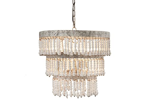 Creative Co-Op Metal & Wood Beaded Chandelier, 20.5" Round by 20" Height, Off- White