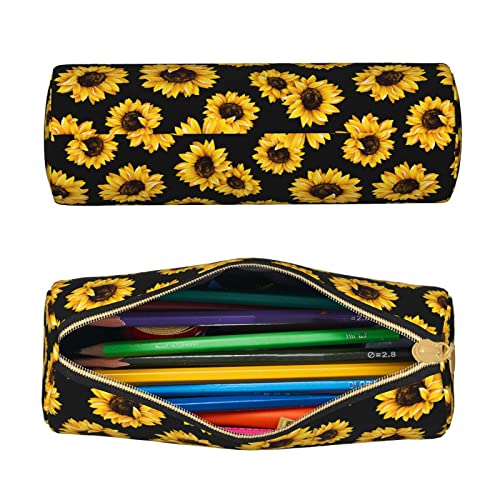 Sunflower Cylinder Pencil Case Holder Zipper Pen Bag Pouch Stationery Cosmetic Bag