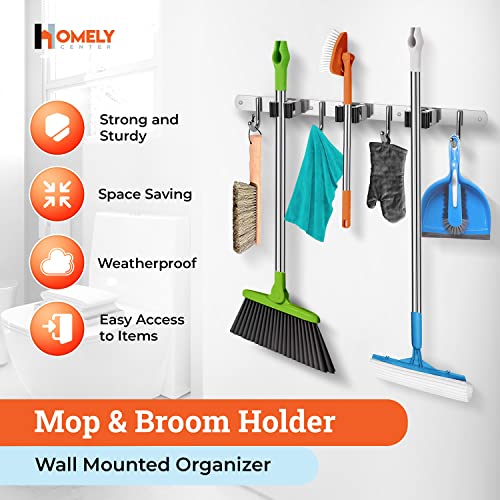 Homely Center Mop and Broom Holder Wall Mount β Heavy-Duty Broom Closet Organizer for Garage, Kitchen, Laundry Organization β Broom and Mop Holder β Tool Hanger with 3 broom racks and 4 broom hooks