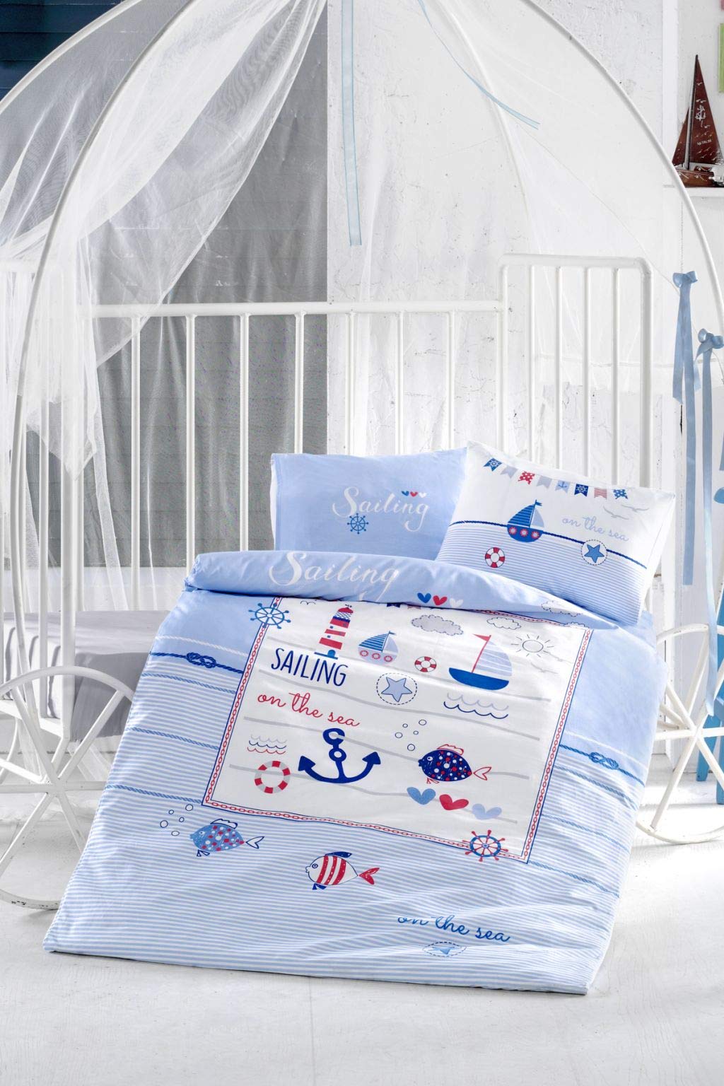 paradise RANFORCE 100% Cotton Nautical Baby Bedding Sailing Fish Lighthouse Themed Nursery Baby Bed Set, Toddlers Crib Bedding for Baby Girls Boys Unisex, Duvet Cover Set with Comforter, 5 Pieces