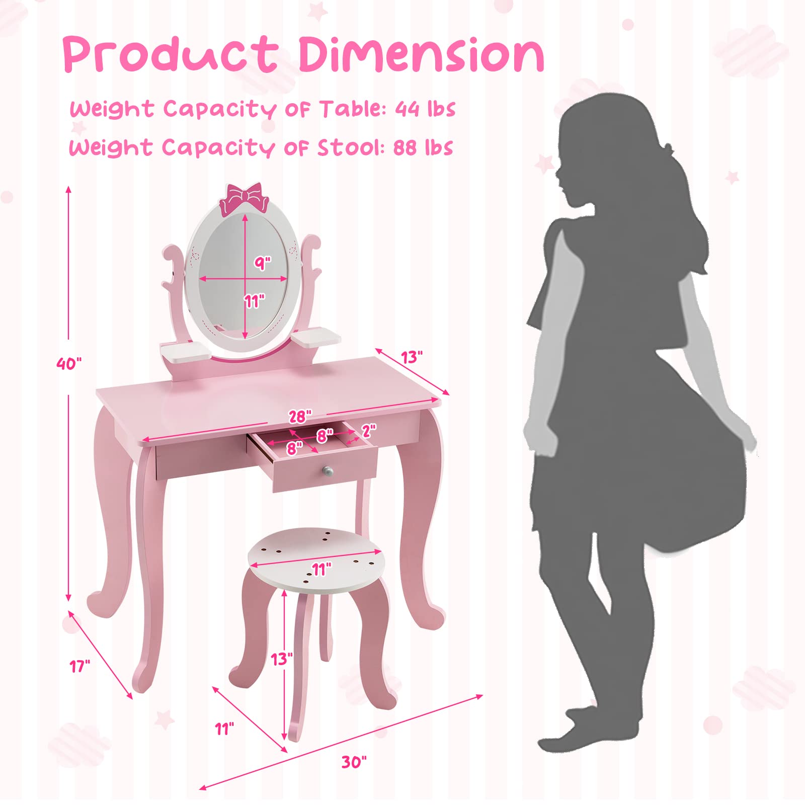 Costzon Kids Vanity Set with Mirror, 2 in 1 Princess Makeup Dressing Table w/Detachable Top, Toddler Vanity with 360° Rotating Mirror, Drawer & Stool, Pretend Play Vanity Set for Little Girls, Pink
