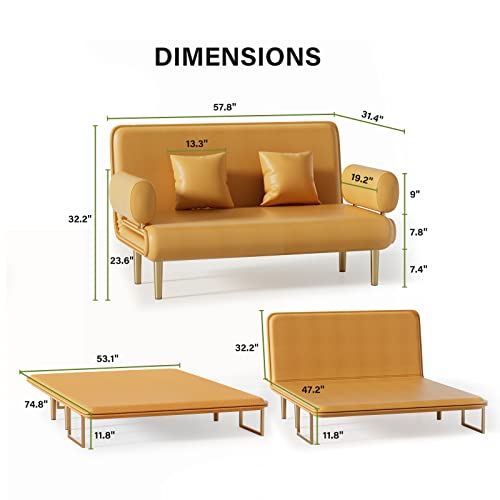 CIZIG Sofa Bed,74.8" L Futon Convertible Sleeper Sofa with 2 Pillows,Loveseat Sofa Bed, Adjustable Back Rest Couch,Small Leather Twin Sofa for Living Room,Bedroom,Movie Night,Honey-Orange