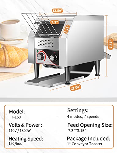 Commercial Conveyor Toaster 150 Slices/Hour 110V Heavy Duty Restaurant Toaster Electric Countertop Belt Machine for Home Office Bread Bagel Breakfast Food
