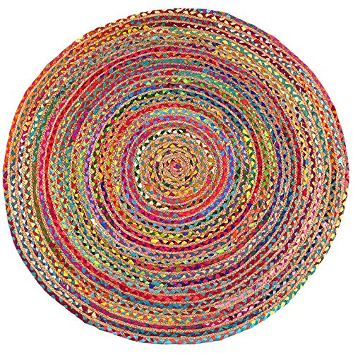 Eyes of India - 6 ft Round Colorful Natural Jute Chindi Sisal Woven Area Braided Rug Boho Chic Bohemian Accent Indian Handmade Handwoven