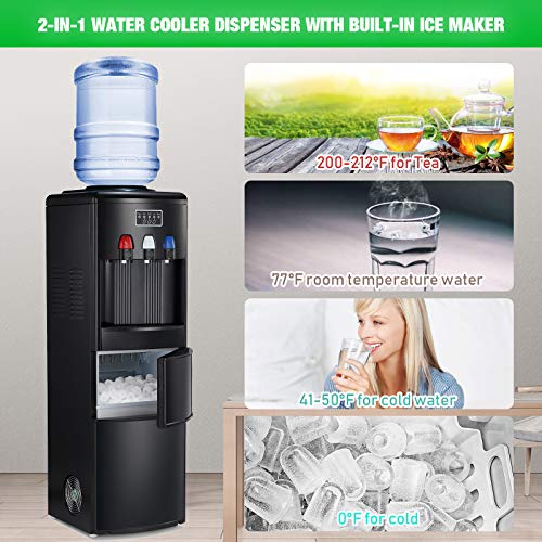 Antarctic Star 2-in-1 Water Cooler Dispenser with Built-in Ice Maker, Hot and Cold Top Loading 3 to 5 Gallon Bottle Water Dispenser,27LBS/24H Ice Maker Machine with Child Safety Lock(Black)