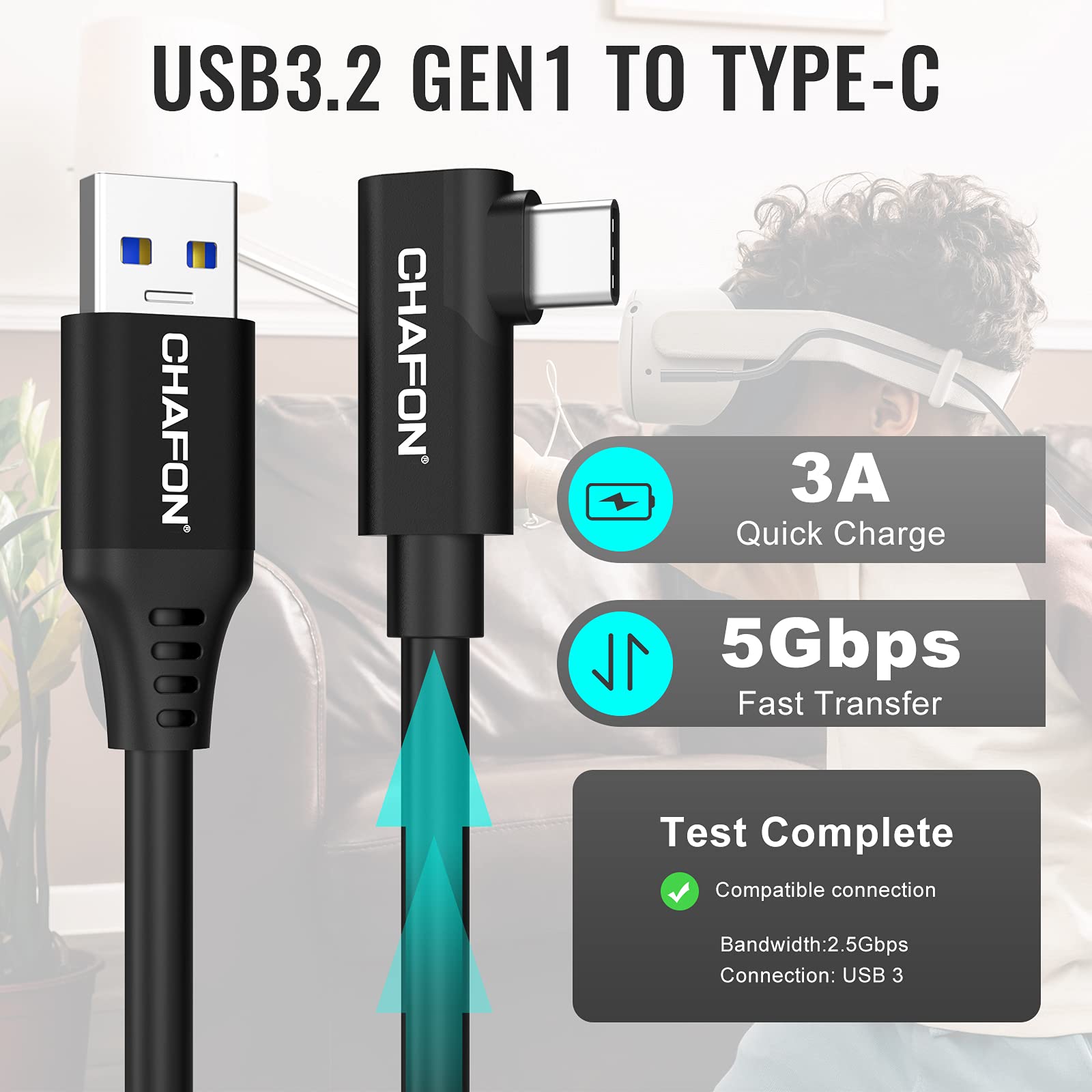 CHAFON Link Cable 16FT Compatible with Meta/Oculus Quest 2 Accessories and PC/Steam VR, High Speed & Stable PC Data Transfer, USB 3.0 to USB C Cable for VR Headsets and Gaming PC
