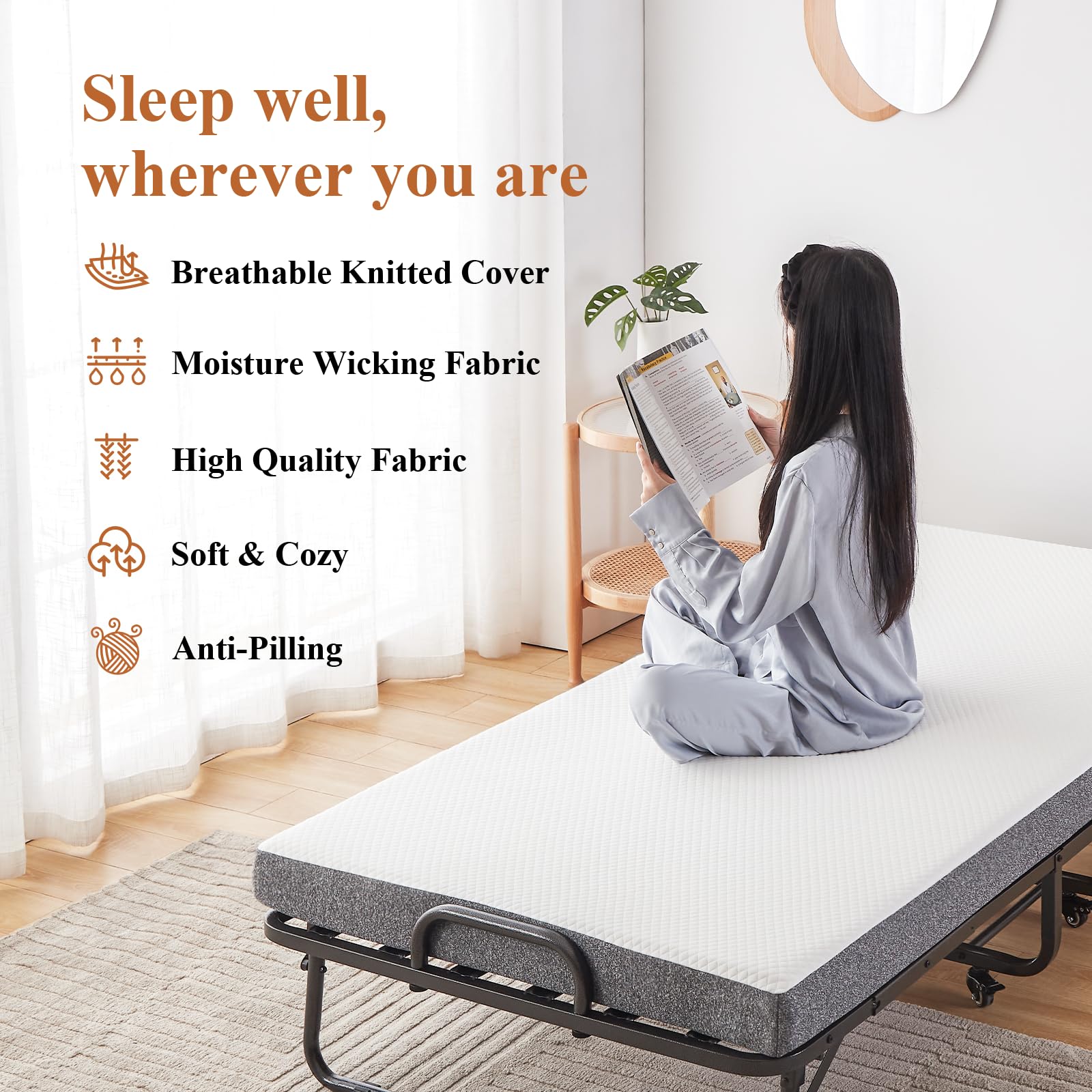 AbyssZen Twin Size Folding Bed with Mattress, 75" x 38" Rollaway Bed, Guest Bed Foldable for Adults, Portable Extra Bed with Memory Foam Mattress, Space-Saving Fold Up Bed for Easy Storage