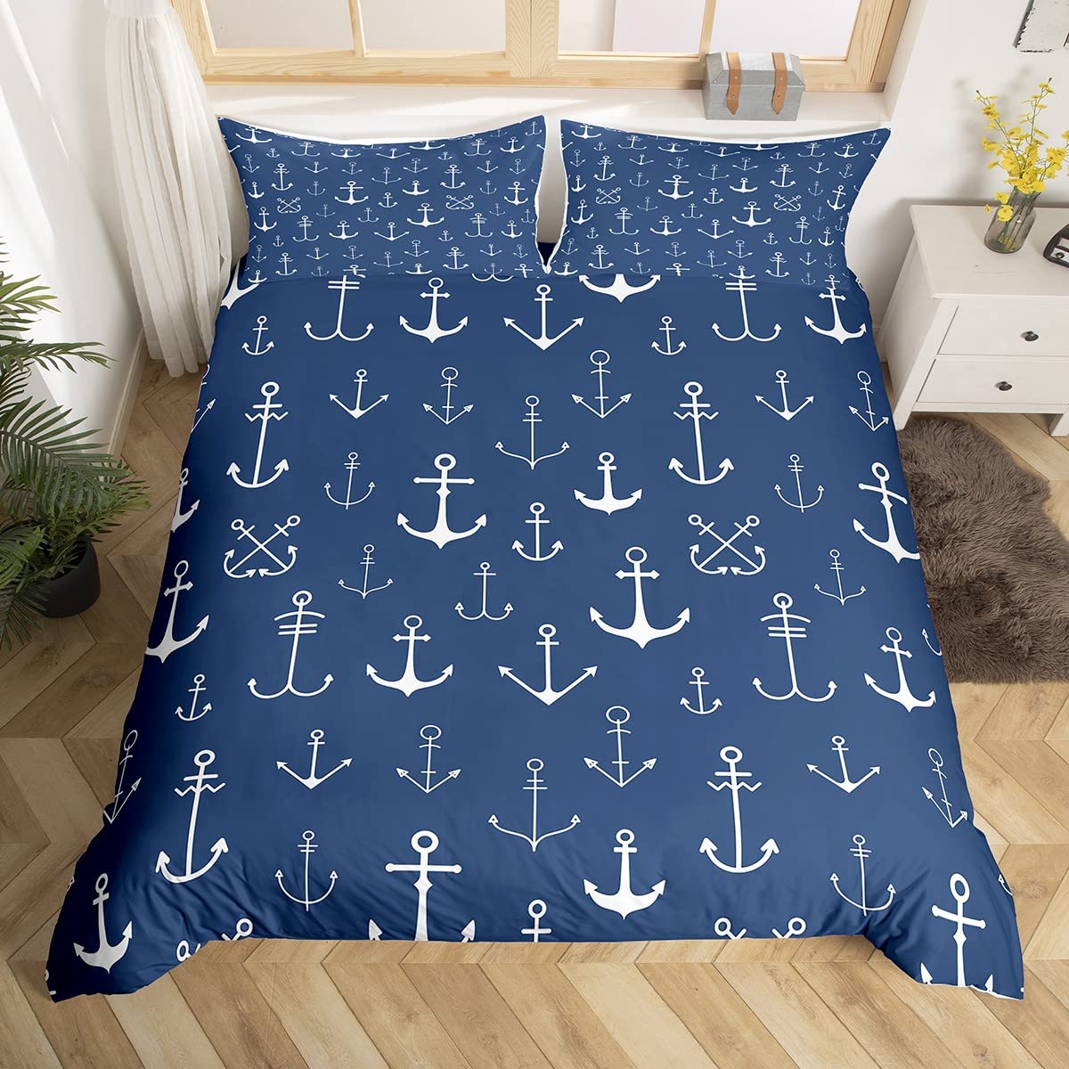 Anchor Duvet Cover Navy and White Bedding Set Nautical Theme Comforter Cover for Boys Girls Kids Room Decor Anchor Printed Lightweight Bedspread Cover Twin Size with 1 Pillow Case