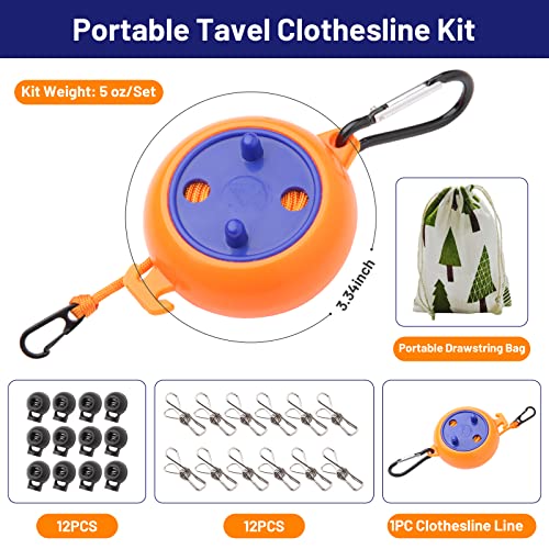 Portable Travel Clothesline Cord, Caudblor Adjustable 26ft Camping Clothes line, Laundry Drying Rope for Hotel Trip, Cruise, Outdoor/Indoor, with 12Pcs Stoppers, Windproof Clothespins