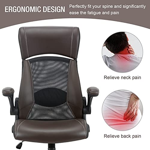 Executive Office Chair, Ergonomic Leather Desk Chair - Widened Adjustable Headrest with Flip-Up Arms, High Back Computer Swivel Task Chair with Lumbar Support for Home Office, Brown (Brown, Large)