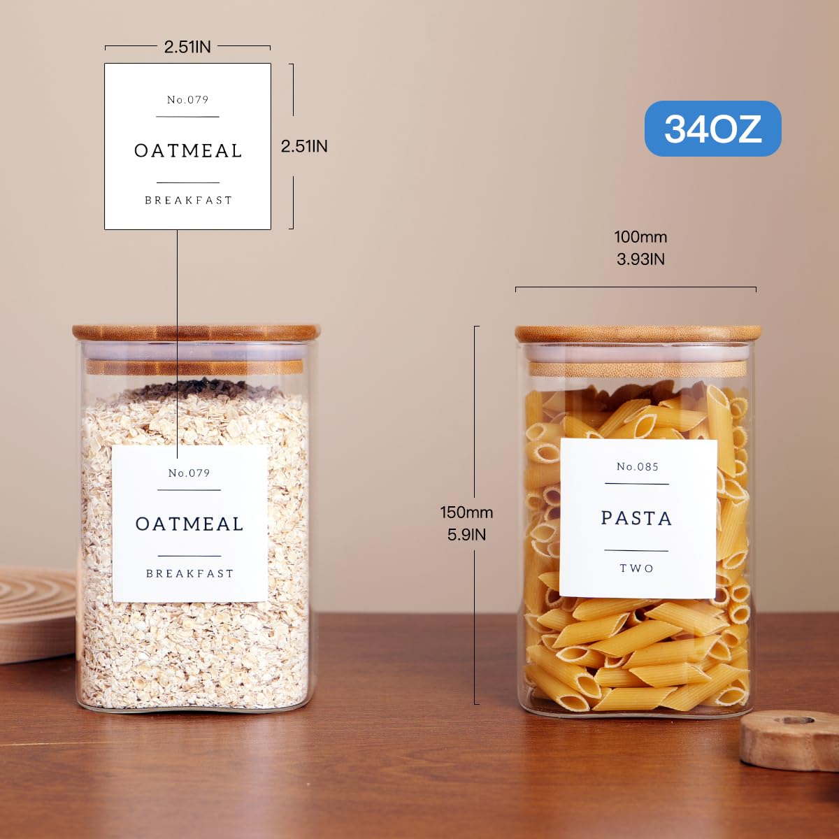 CZZGSM 6 Pack Square Glass Kitchen Storage Jars with Airtight Bamboo Lids and 132 Pantry Labels - 35oz Glass Canisters With Wood Lids - Glass Food Storage Containers for Coffee, Cookie, Tea, Spice