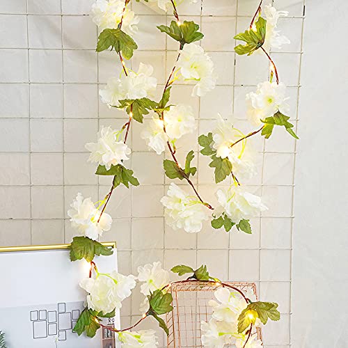 Mhuan 2.2m 25 Lights Simulation White Cherry Blossom Wisteria Flower Rattan String Light Artificial Flower Decorative Atmospheres String Lights for Home Garden Festival Wedding Party Decor